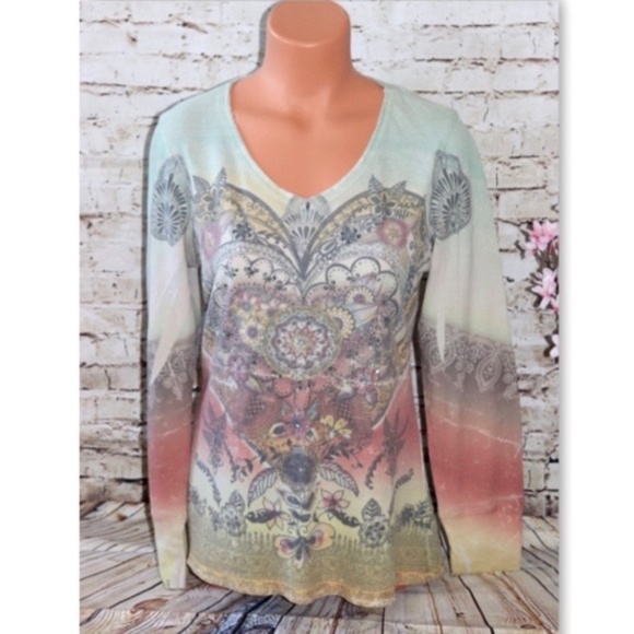 Cato | Tops | Cato Embellished Floral Print Waffle Knit Top | Poshmark